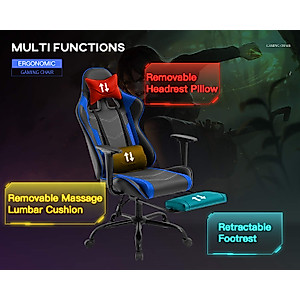 Gaming Chair Office Chair Desk Chair Massage PU Leather Recliner Racing Chair with Headrest Armrest Footrest Rolling Swivel Task PC Ergonomic Computer Chair for Back Support, Blue