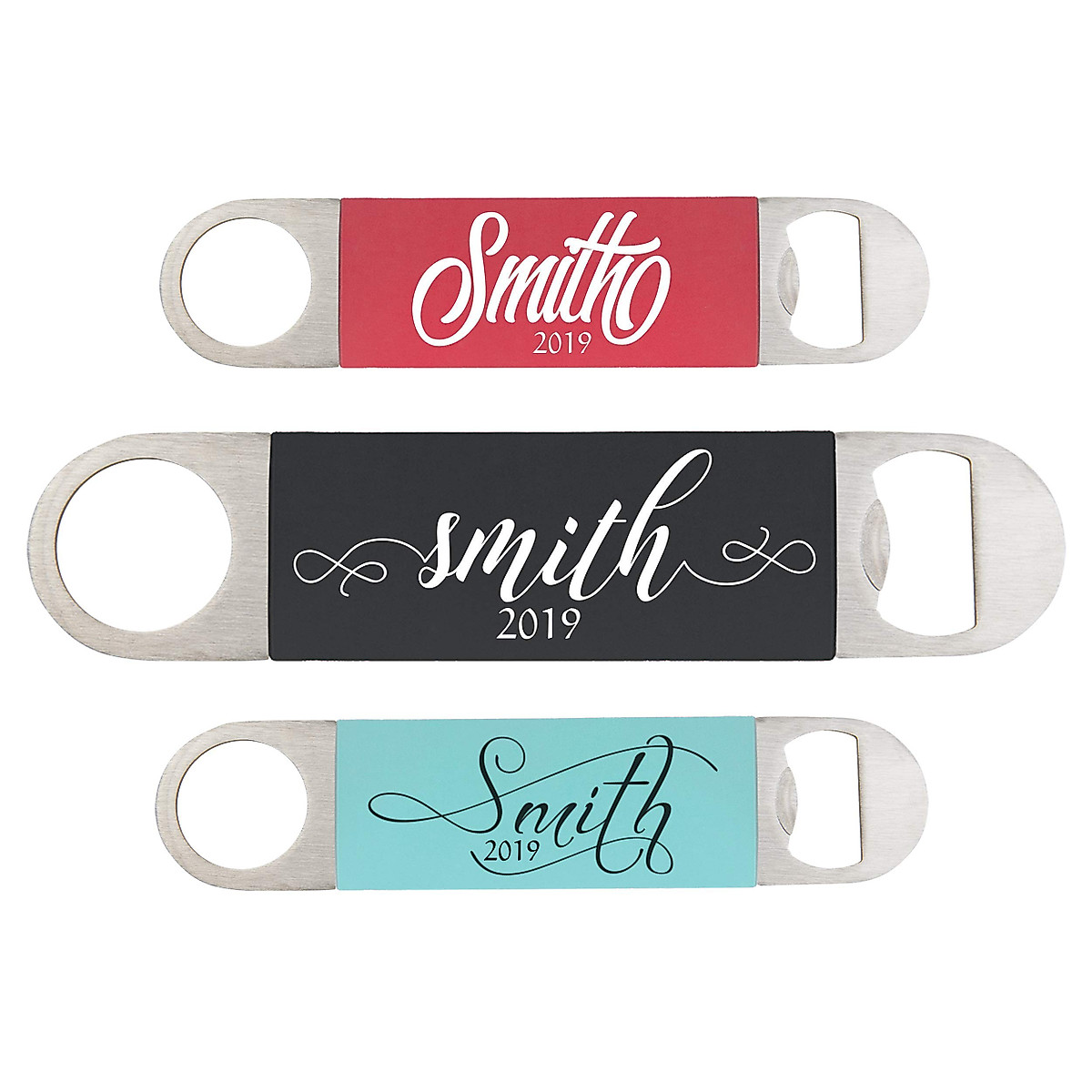 Custom Name Script Stainless Steel Bottle Opener with Silicone Grip - 7 Colors - 15 Designs