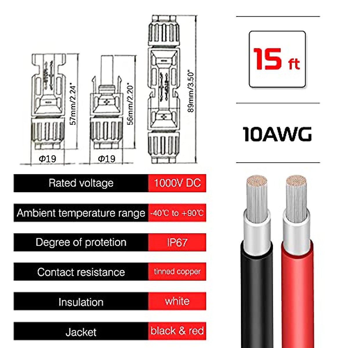 KEDAKEJI 10 Gauge 10 AWG One Pair 15 Feet Black + 15 Feet Red Solar Panel Extension Cable Wire Solar Connectors