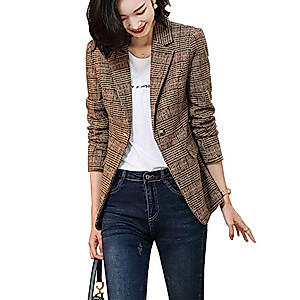 ebossy Women's Notch Lapel 2 Button Boyfriend Blazer Suit Houndstooth Plaid Jacket Coat (Medium, X-Brown)