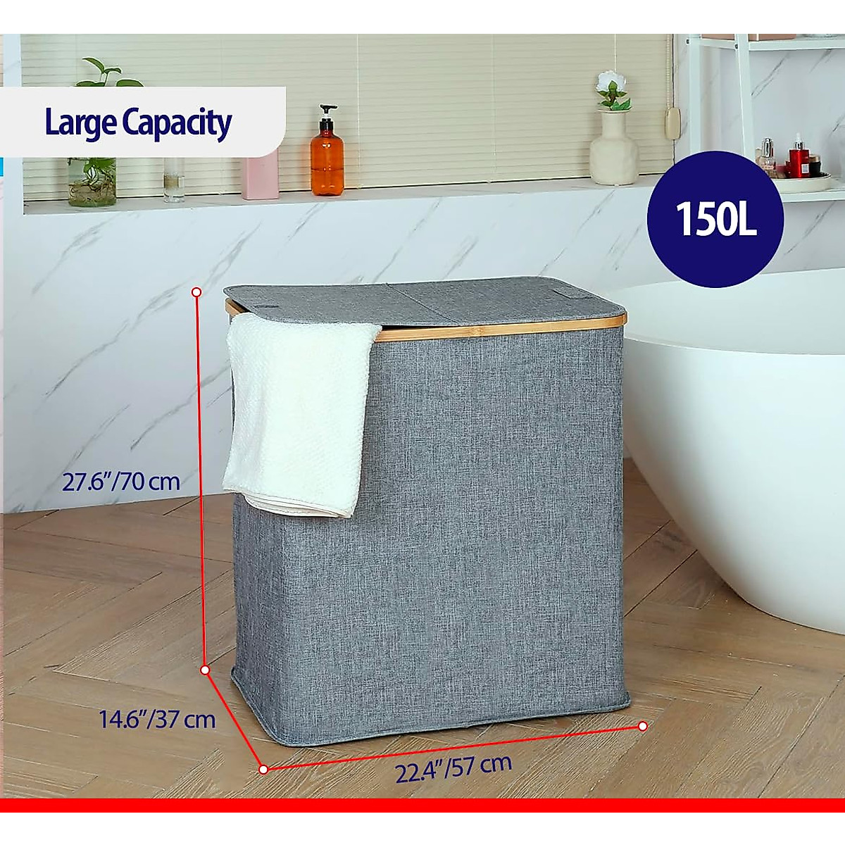 AM The America Store - Double Laundry Hamper with Lid, Divided Laundry Hamper with Removable Bags, 2 Section Dirty Clothes Basket with Handles for Bathroom, Bedroom & Laundry Room, 150L (GREY)