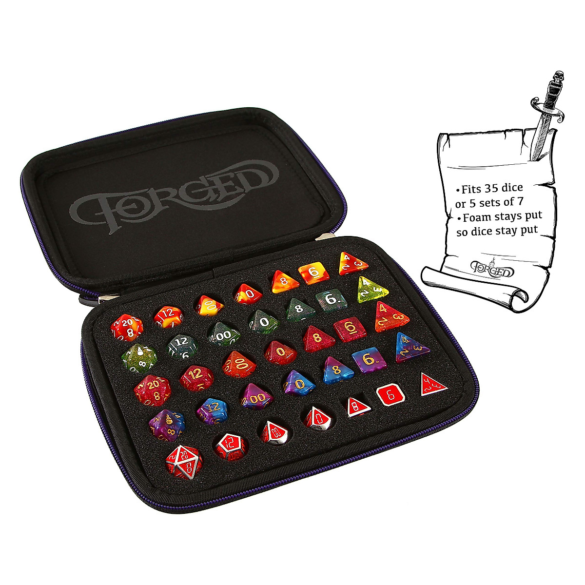 Forged Dice Co. Dice Storage Case with Foam Insert - Storage Box Holds 35 Individual Metal or Plastic Polyhedral Dice or 5 Sets of Dice - Display Case Works with DND and Dungeons & Dragons Game Dice