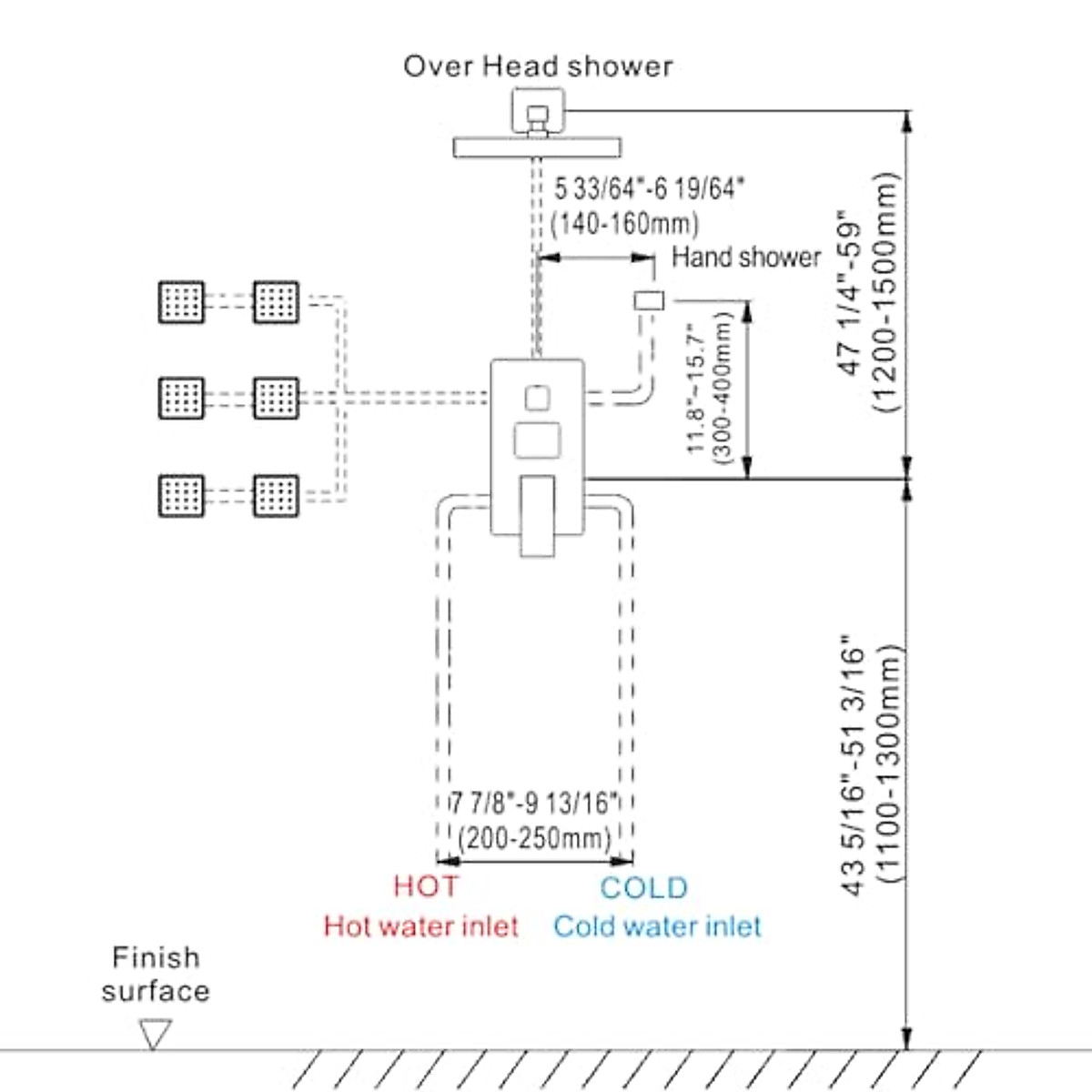 MONDAWE 12 IN Luxury Rain Mixer Combo System with 6-Jet and Handheld Spray, Wall Mounted Led Digital Display for 3-Spray Patterns, Matte Black