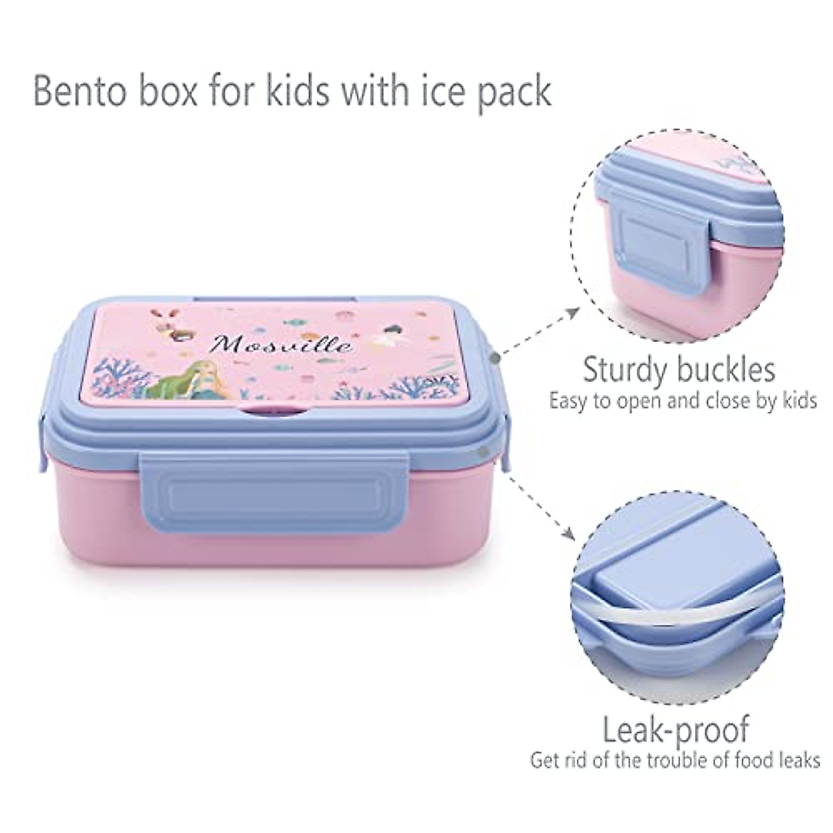 Bento Box for Kids, Two-color design Lunch Box with Sauce Containers, Leak Proof, Dishwasher & Microwave Safe and 3 Compartments Meal Prep Bento Box with Ice Pack for Boys Girls School, Work, Travel
