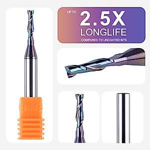 SpeTool 1/8 Inch Upcut CNC Router Bits 1/4 Inch Shank with Extra Long Life Coating,1/2 Inch Cutting Length 2 Inch OVL Solide Carbide End Mill Slot Woodworking Carving Tool