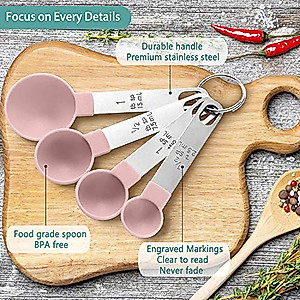 8 Pieces Measuring Cups and Spoons Set / Nesting Measuring Cups with Stainless Steel Handle / for Dry and Liquid Ingredient (Light pink)