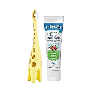 Dr. Brown's Infant-to-Toddler Training Toothbrush Set with Fluoride-Free Baby Toothpaste, Strawberry - Giraffe - 1.4oz - 0-3 years