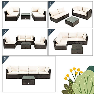 DORTALA 5 Pieces Patio Furniture Set, Outdoor Rattan L-Shaped Corner Sofa Set with Cushions, Coffee Table, Patio Sectional Conversation Set for Backyard Porch Garden Poolside, White