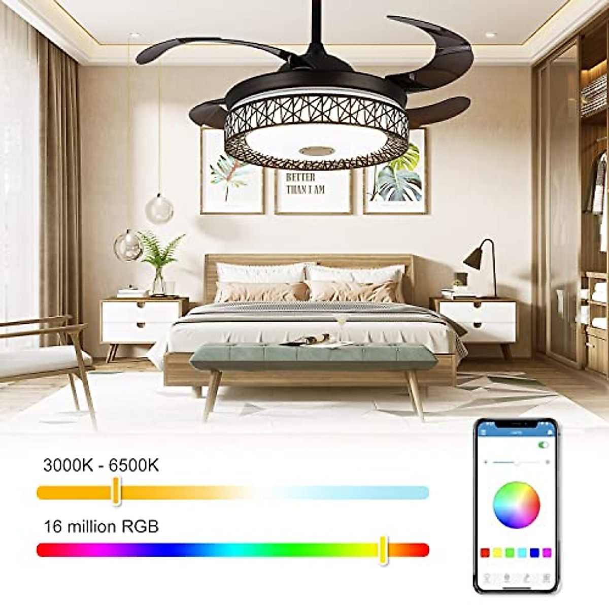 MoreChange 42” Retractable Ceiling Fans with Lights and Remote Control, Invisible Modern Chandelier Fan Lighting with Bluetooth Speaker Play Music 7 Colorful Dimmable Fixture for Bedroom/Living Room