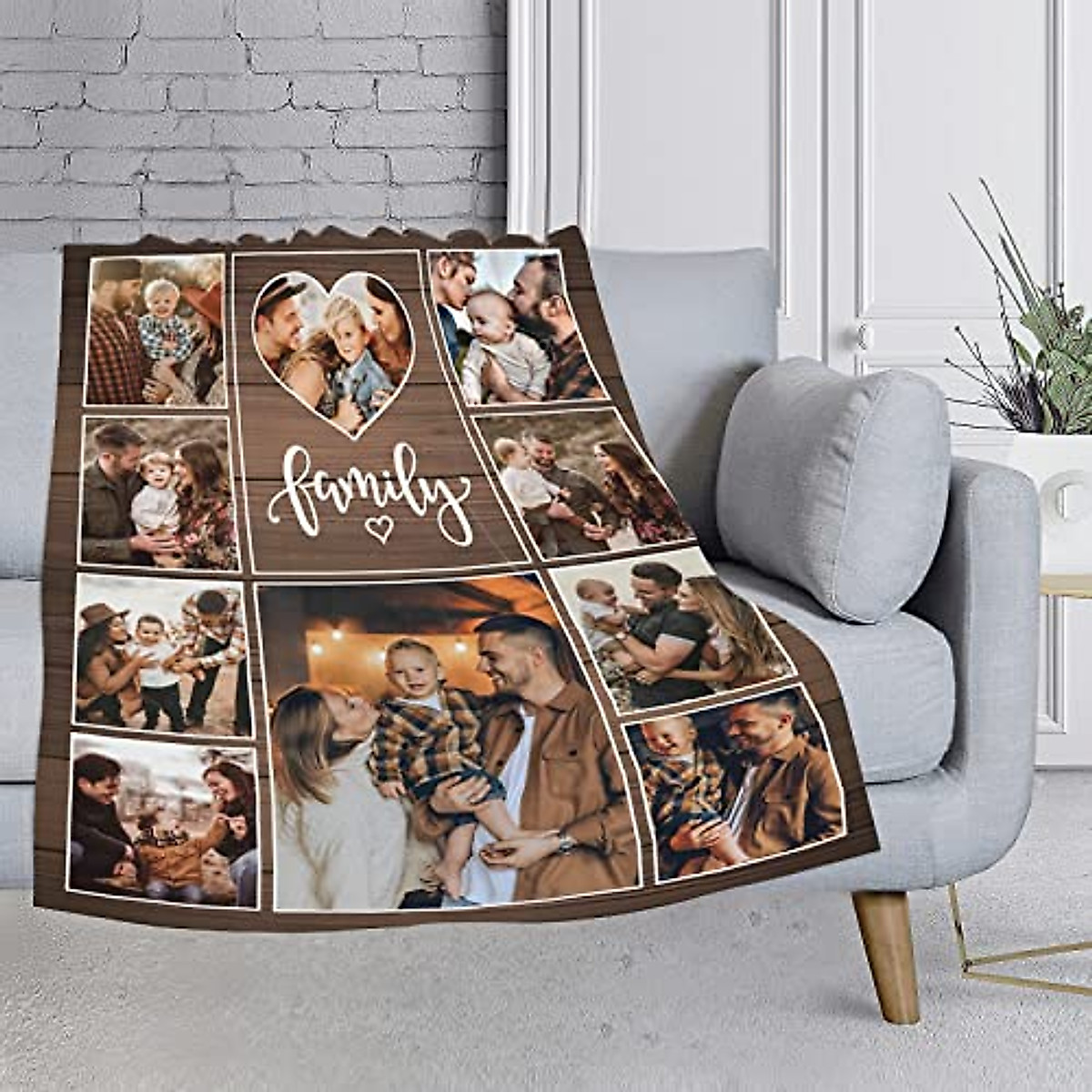 Custom Blankets with Photos, Personalized Family Blankets with Heart for Family Mom Dad Couples Baby, Custom Photos Collage Throw Blanket for Birthday Christmas Anniversary Halloween Mother's Day