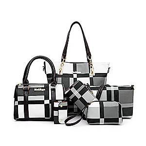 GJGJTER Women Synthetic PU Leather Tote Satchel Crossbody One-shoulder Portable Messenger Bag 6pcs Set Top-Handle Handbags-Black