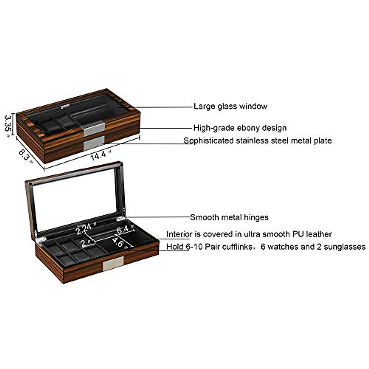 Lifomenz Co Watch Jewelry Box for Men 6 Slot Watch Box,6 Watch Case 8 Pair Cufflinks and Sunglasses Display Box,Wood Large Watch Display Case Organizer with Real Glass Window Top