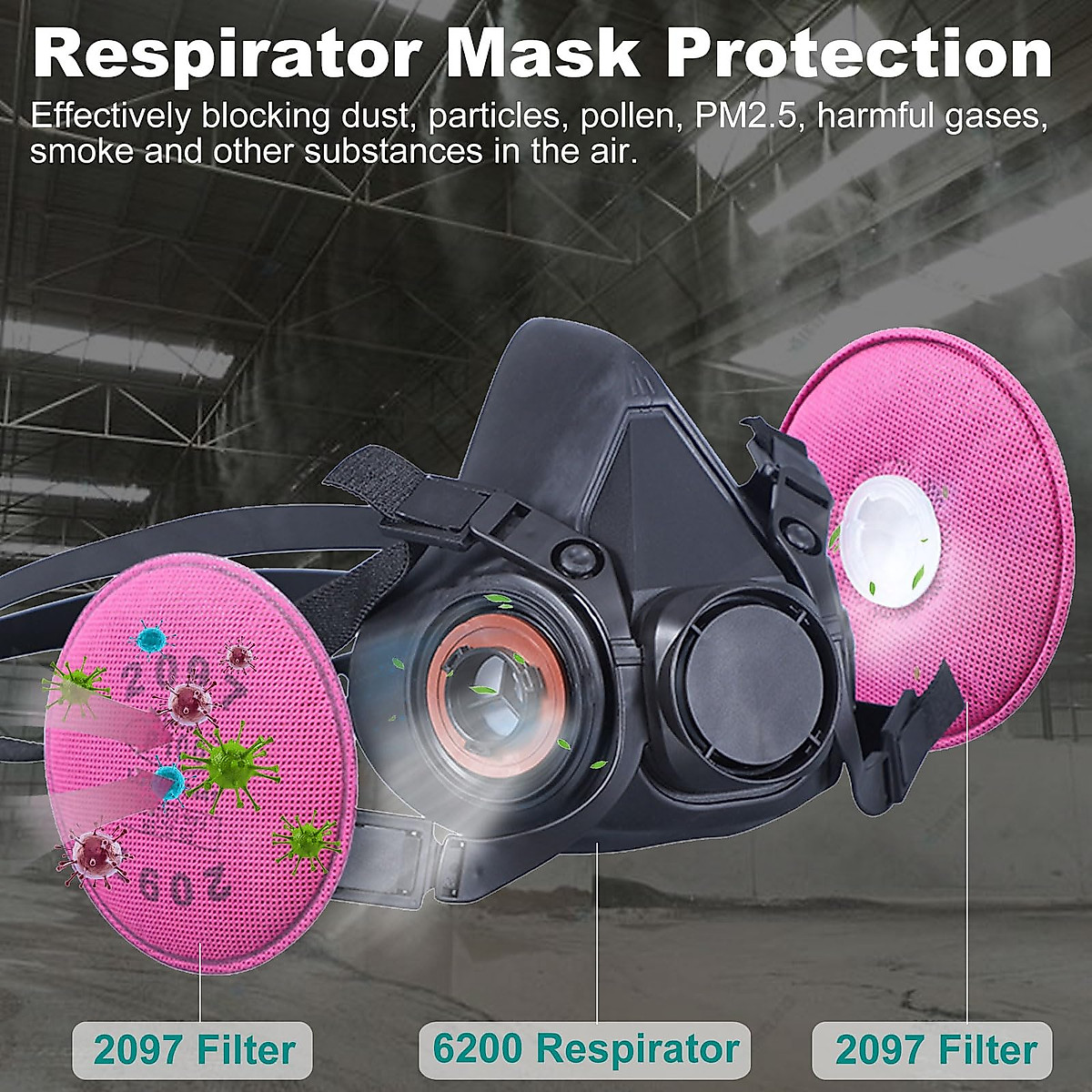 Gas Masks Survival Nuclear and Chemical, Reusable Respirator Mask with Safety Goggles and 4 Pcs 2097 Activated carbon filter cottons for Organic Vapors, Formaldehyde, Painting, Dust ,Chemical, Fume