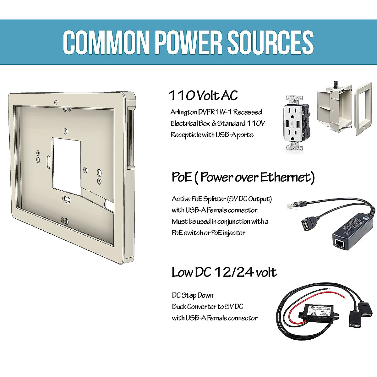 Smart Home Mount Tablet Wall Mount Kit with Integrated Power Cable - Fits Fire 10 - Black