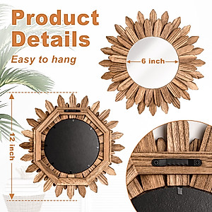Emfogo Wall Mirror 12 inch Rustic Wood Farmhouse Mirror Sunburst Boho Mirror Wall Decor Room Decor Home Decor for Bedroom Living Room Entryway (Carbonized Black)