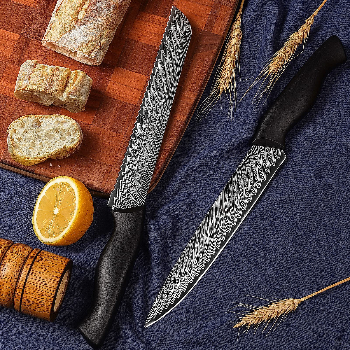 Two 15 Pieces Knife Sets, Elegant Black + Damascus Pattern