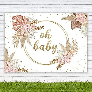 Riyidecor Girl Boho Oh Baby Baptism Baby Shower Decorations Backdrop 7Wx5H Feet Polyester Fabric Pink Bohemian Pampas Grass Blush Newborn Party Floral Gold Banner Festival Studio Photo Shoot