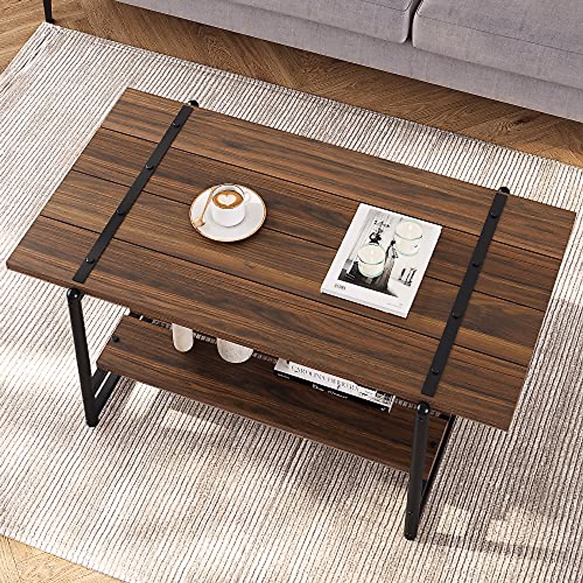 2-Tier Modern Industrial 41'' Large Wood Coffee Table with Storage Shelf - Rustic Metal Rectangle Center Living Room Coffee Table Accent Furniture for Home Office, Brown Walnut