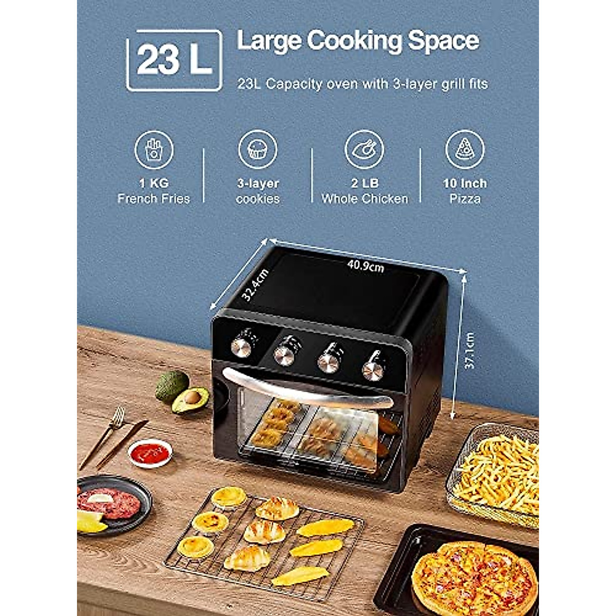 A/C 10-in-1 Air Fryer Oven, 24 QT large Convection Toaster Oven with Rotisserie and Dehydrator, 1700W Oil-free Cooking, 6 free Accessories & 75 Recipes, Black (FM-9015)