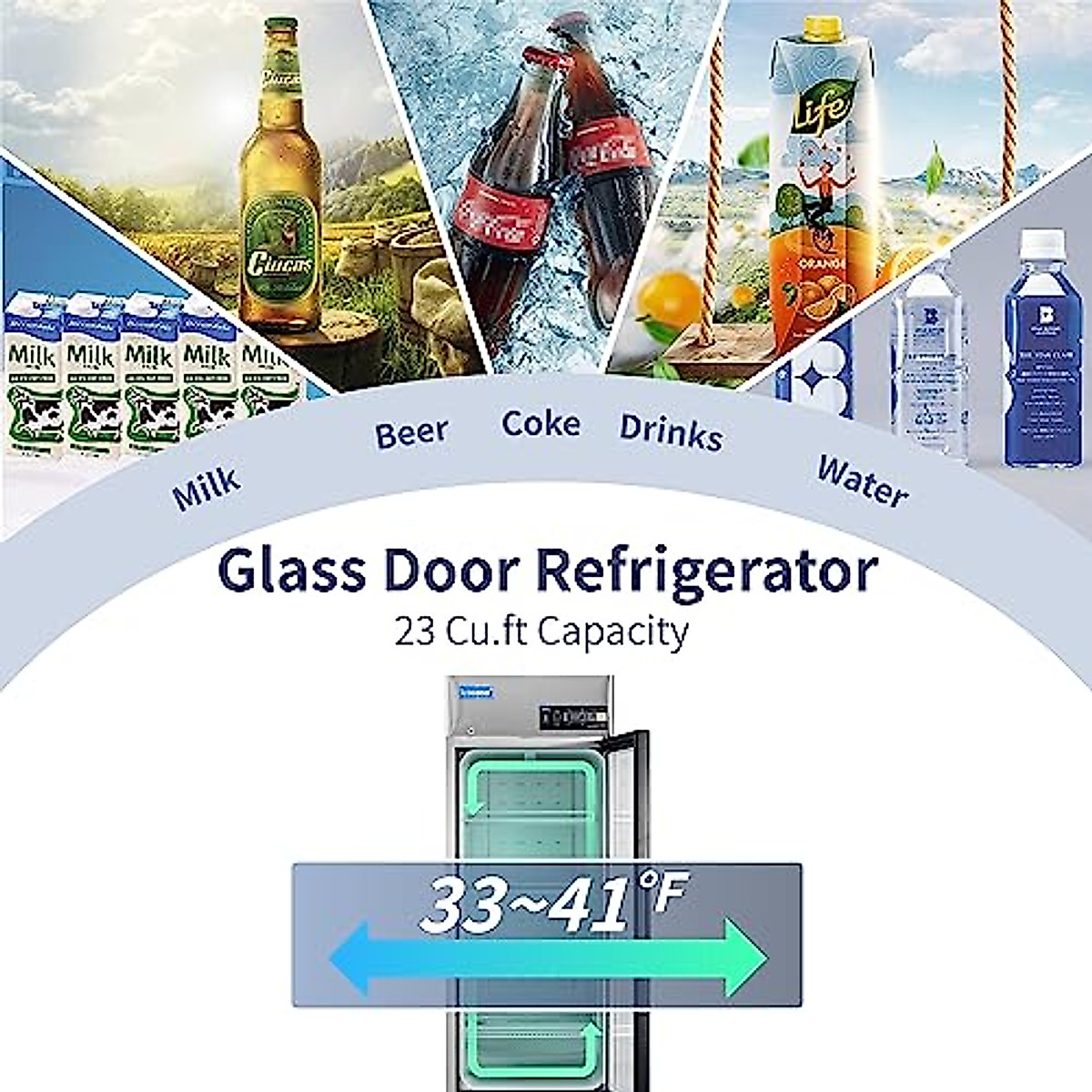 ICECASA 27" W Commercial Display Refrigerator Single Glass Door Merchandiser Reach-in 23 Cu.ft Stainless Steel Display Refrigerator Fan Cooling for Restuarant, Bar, Shop, etc