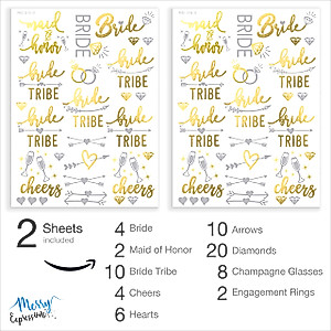 Bachelorette Party Tattoos - 120+ Metallic Gold & Silver Sweat & Water Resistant Tats - Bachelorette Party Decorations For Bridesmaids, Maid Of Honor & Bride Tribe by Merry Expressions