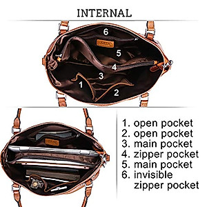 S-ZONE Women's Vintage Genuine Leather Tote Handbag Large Crossbody Bag Shoulder Purse with Zipper Pocket Outside (Medium-Brown)