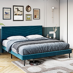 Homhougo Full Size Bed Frame with Adjustable Headboard, Velvet Upholstered Platform Bed with Solid Wood Slats Support, No Box Spring Needed, Noise-Free, Green