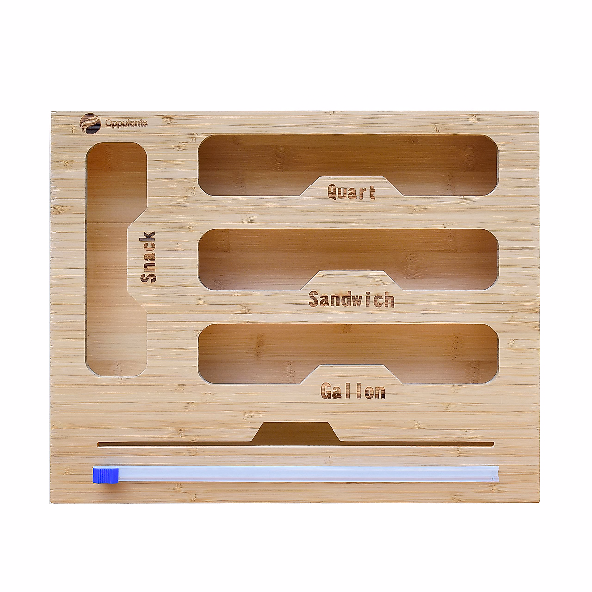 Oppulents Bamboo Ziplock Bag Storage Organizer for Kitchen Drawer with Foil/Plastic Dispenser and Cutter Suitable for Gallon, Quart, Sandwich & Snack Sizes Magnetic Closure Multipurpose Organizer
