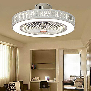 22'' Modern LED Invisible Ceiling Fan with light 3-Color 3-Speed 64W 7 Acrylic Blades Round Enclosed Chandelier Fan with Remote Control Semi Flush Mount Quiet for Bedroom Living Room (Bamboo leaf)