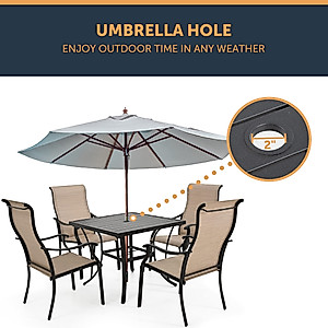 HAPPATIO Patio Dining Table, 4 Person Brown Square Patio Backyard Furniture Table Metal Steel Slat Patio Dining Table with Umbrella Hole Dia 2"（35" x 35" x 28.5"）
