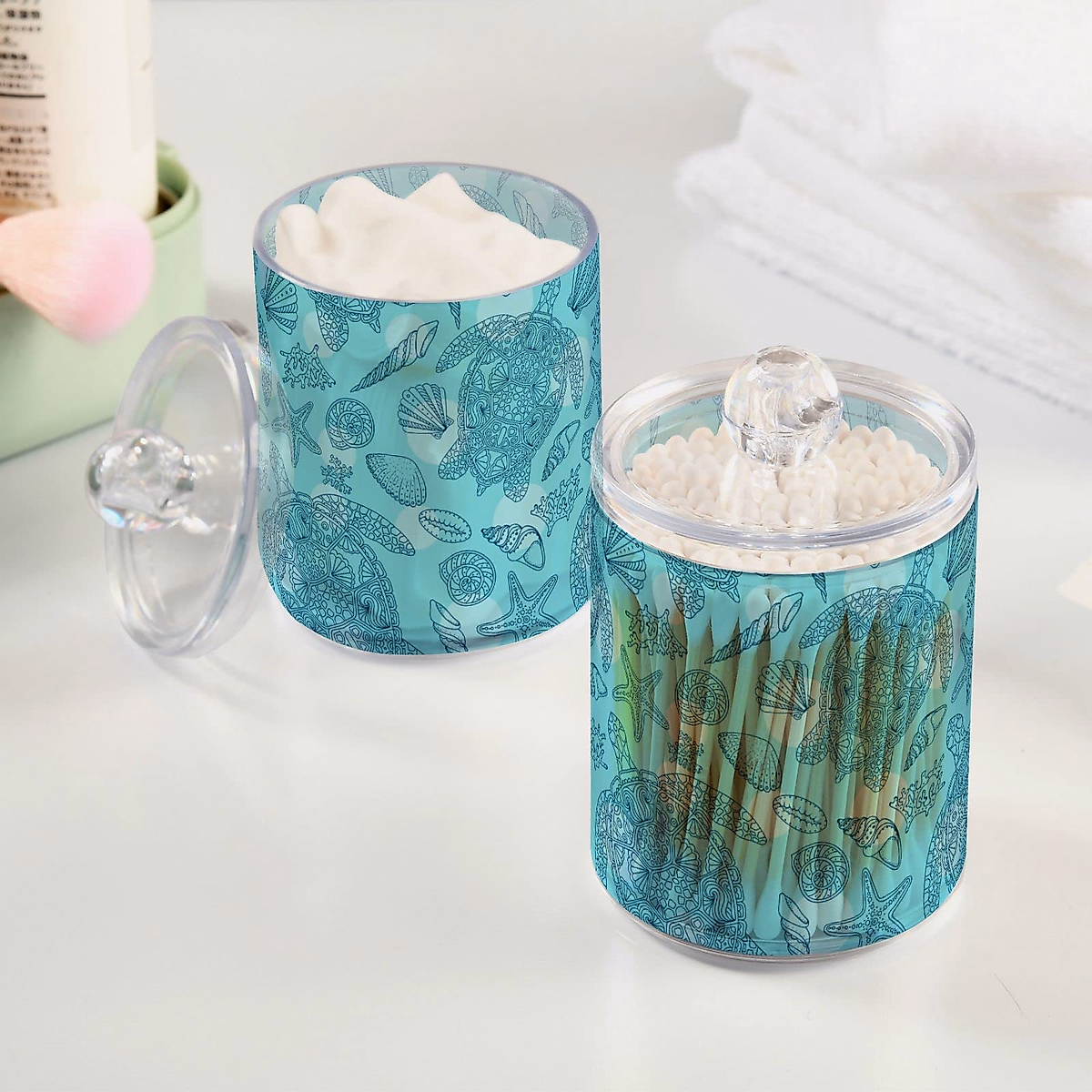MNSRUU 2 Pack Qtip Holder Organizer Dispenser Seashells and Turtle Bathroom Storage Canister Cotton Ball Holder Bathroom Containers for Cotton Swabs/Pads/Floss