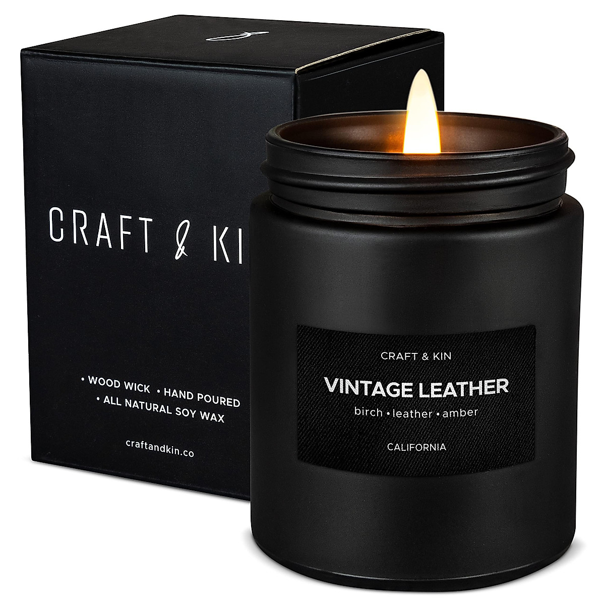 Craft & Kin Premium Vintage Leather Candle | Black Spring Scented Candles for Men | Long Lasting with 45 Hour Burn Time, 7.6oz | Made with Soy | Aromatherapy at Home | Gifts for Men