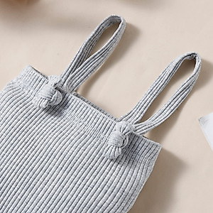 U·nikaka Cotton Rib-Knit Legging Pants with Suspenders Solid Mustard Cream Brown Baby Unisex Pants Adjustable Knot Straps Leggings Grey, 12-18 Months