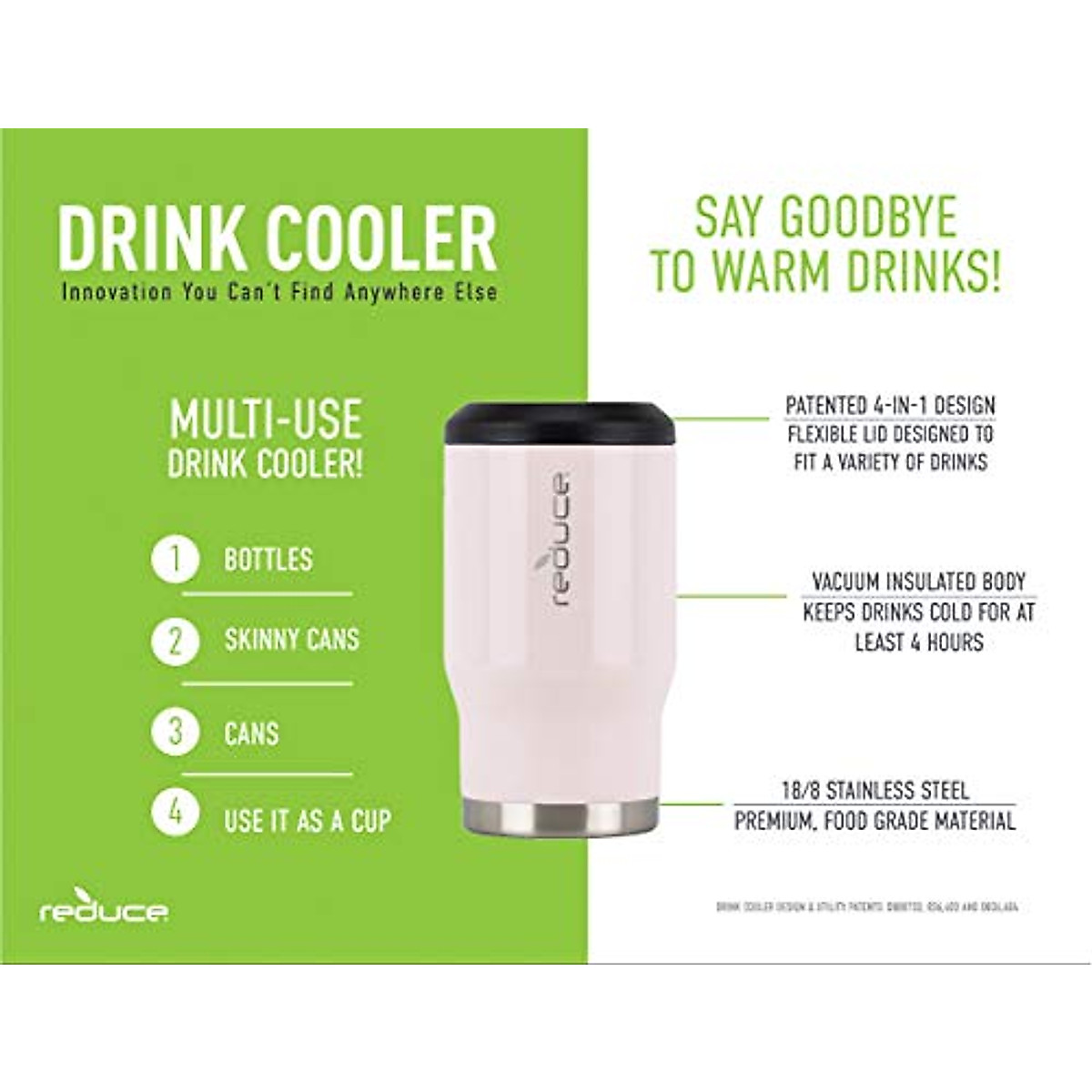 Reduce Can Cooler - 4-in-1 Stainless Steel Can Holder and Beer Bottle Holder, 4 Hours Cold - 14 oz Multi-Use Drink Cup that Holds Slim Cans, Regular Cans, Bottles and Cocktails - Pink Cotton, Gloss