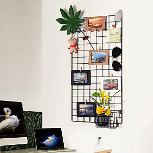 Wall Photo Grid Shelf, Wall Hanging Ins Art Display Grid Panel for Decor & Storage, Metal Wire Notice Boards & Memo Board, Mesh Tool Organiser, Wall Photo Frame 2 Pcs (Black, 15.7 x 31.5 inches)