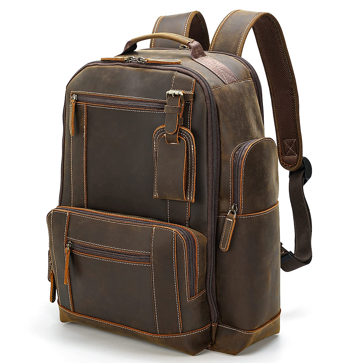 Polare Vintage Full Grain Leather 15.6 Inch Laptop Backpack For Men Camping Travel Daypack Rucksack Dark Brown