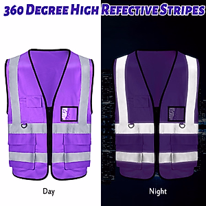 EBOOT 10 Pcs Safety Vests High Visibility Safety Vest with Reflective Strips, Neon Vest Construction Vest with Pockets (Purple)