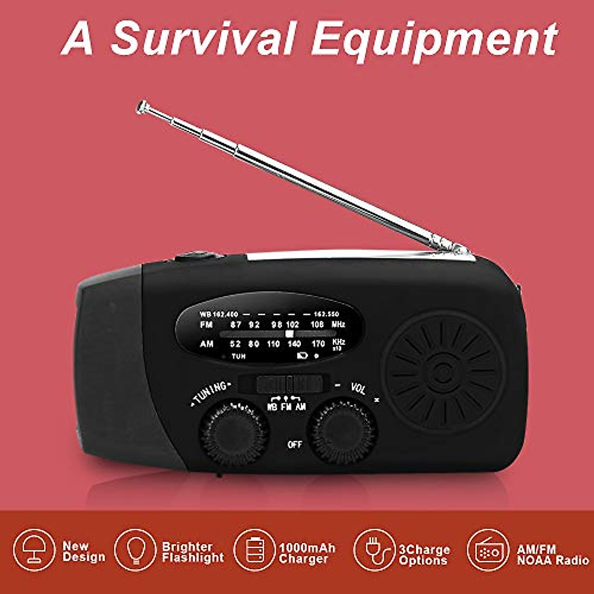Upgraded Emergency Solar Weather Radio Hurricane Supplies Earthquake Kit Hand Crank Self Powered AM/FM/WB NOAA Wind up Survival Radios LED Flashlight 1000mAh Power Bank for iPhone Smart Phone