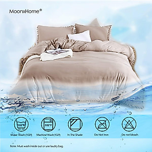 MoonxHome Duvet Cover Set Queen Size Boho Aesthetic Comforter Cover Bed Set Ball Pom Poms Fringe Luxury 100% Super Soft Microfiber 3 Piece Duvet Cover Set Includes 2 Pillow Shams Tawny