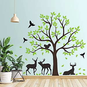 61"x56" Big Green Tree Wall Decals Elk Wall Sticker Leaves Wall Decal DIY Removable Giant Plants Animals Wall Stickers for Baby Kids Girls Bedroom Living Room Nursery Office Sofa Background Home Decor