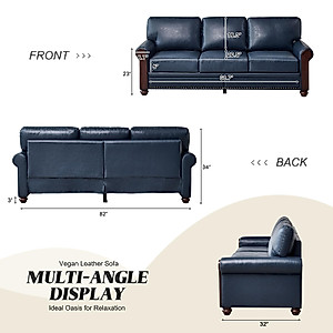 HULALA HOME 81'' Faux Leather Sofa with Nailhead Trim and Wood Decor Rolled Arms, Modern Living Room 3-Seater Couch, Navy Upholstered Couch with Removable Backrest for Bedroom Apartment