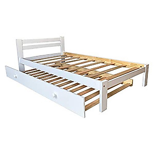 Amazonas White Twin Bed with Trundle Wooden Trundle Bed Twin Size Solid Pine Wood and Hardwood Slats Support Kids Bed Boy Girl Wooden Bedroom Furniture
