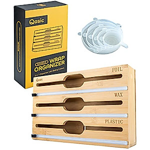 Qasic 3-in-1 Plastic Wrap Dispenser, Organiser with Cutters for Cling Film, Aluminum Foil, and Parchment Wax Paper, Bamboo Holder Storage Box with Laser Engraved Letters - Fits 12" Rolls