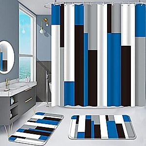 YOKYHOM Bathroom Sets, 3 Pcs Blue Striped Bathroom Shower Curtain Sets with Rugs, Incl 71'' x 71'' Polyester Shower Curtain with 12 Hooks, 2 Pcs 30'' x 18'' Non Slip Bath Mats
