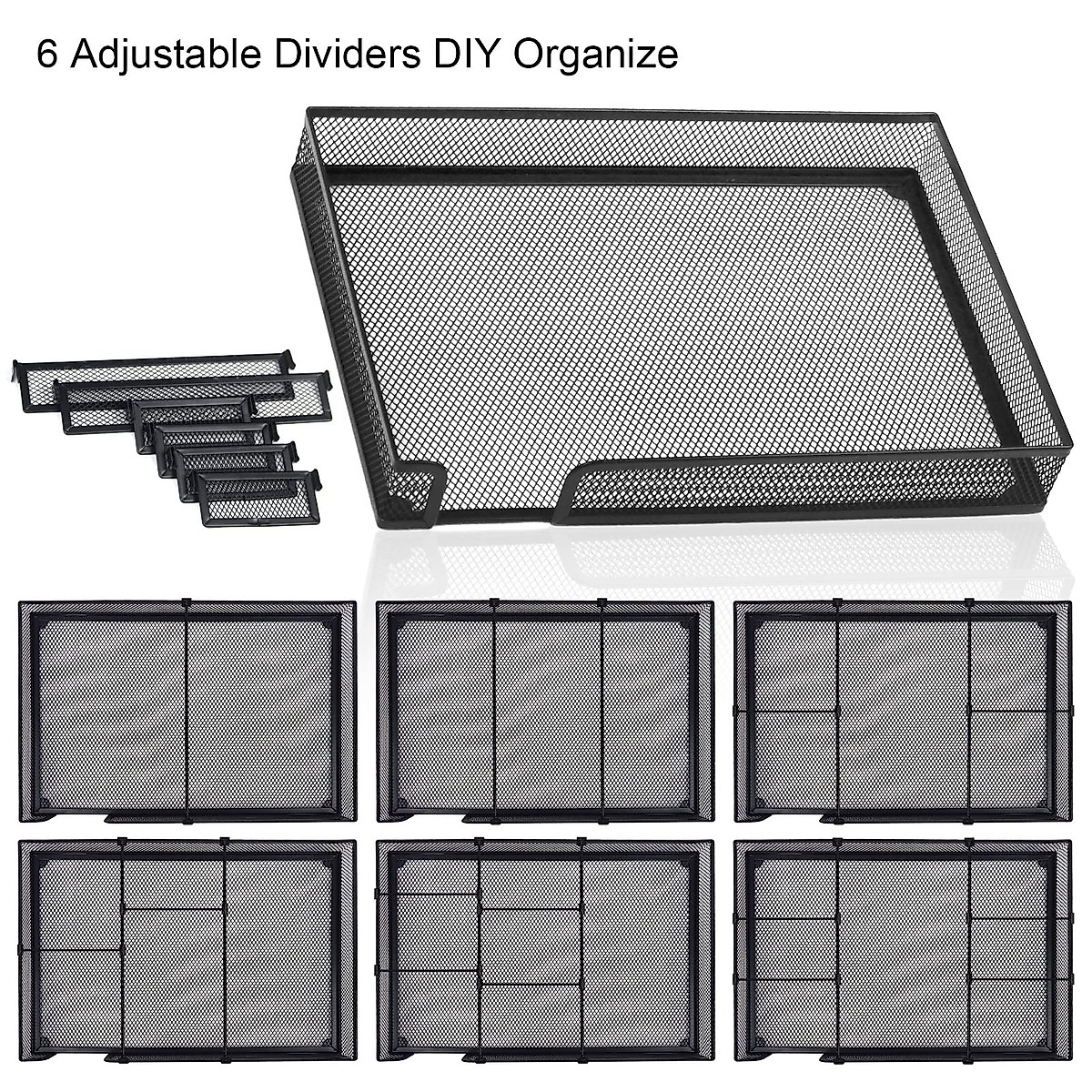 ROSROSE 2 Pack Desk Organizer Trays - Small & Large Office Drawer Organizers w/6 Adjustable Compartments, Metal Mesh Storage Set for Office Supplies & Home