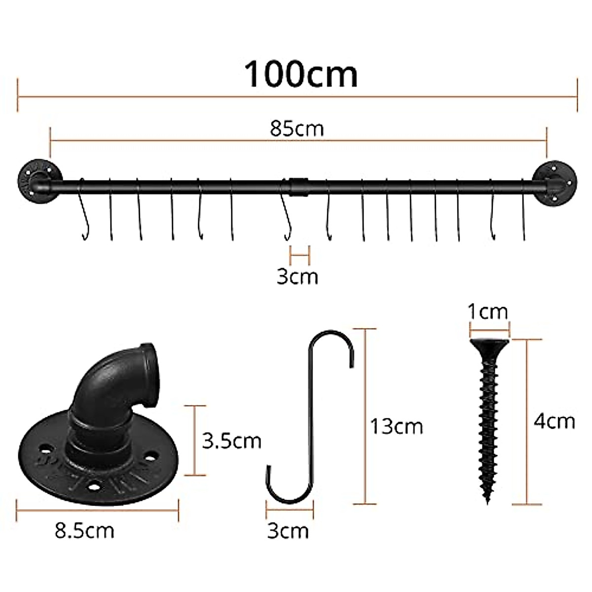 HOMGEN Kitchen Utensils Rack, 100cm Kitchen Retro Rail Wall Mounted Rack with 15 Hooks Organiser Kitchen Utensils Rack Mugs Wall Mounted Hanging Rail Rack Kitchen Pot Pan Hanging Rack for Kitchen