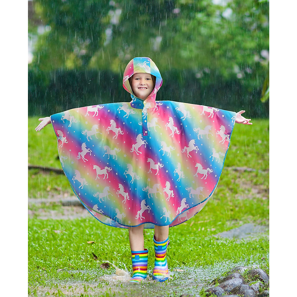 WAWSAM Lightweight Kids Rain Poncho Waterproof Kids Poncho Reusable Hooded Rain Jacket for Boys Girls