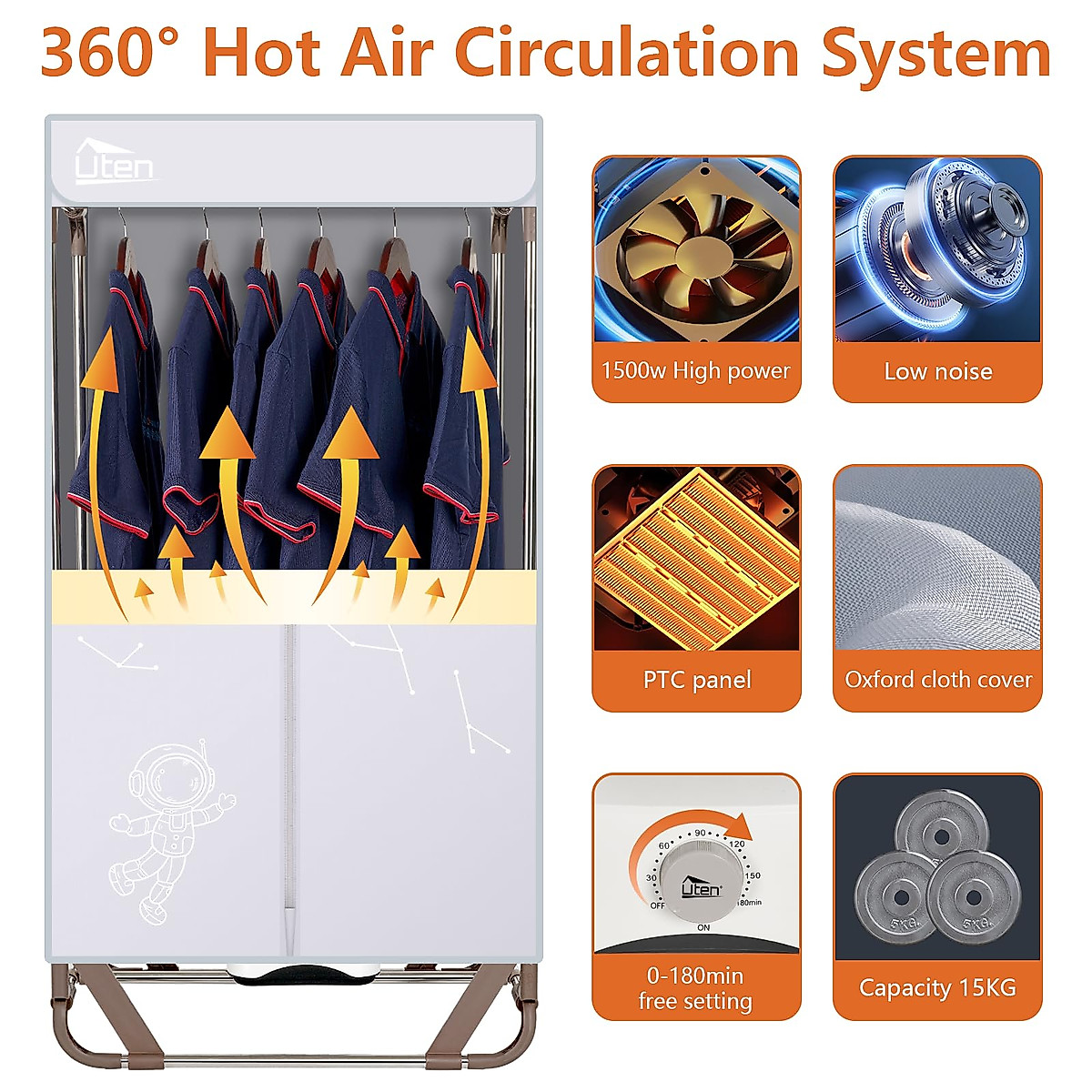 Uten Clothes Dryer, 1500W Power Electric Clothes Dryer Machine with Timer, 2-Tier Laundry Drying Wardrobe, Foldable Clothes Drying Rack and Dryer for Travel, Apartments, RV, Home