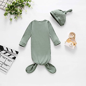 BASKOPA Baby Knotted Sleeper Gown Unisex Boys Girls Sleepsuits with Mitten Cuffs and Matching Hat Baby Coming Home Outfit Green