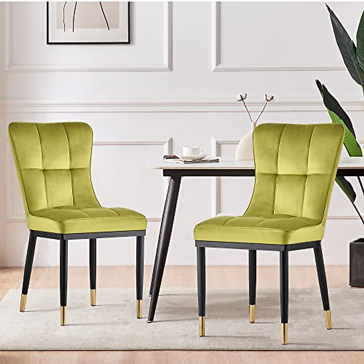 Bekrvio Dining Chairs Set of 4, Modern Velvet Kitchen Chairs with High Back, Upholstered Armless Side Chair Accent Chair with Black Metal Legs for Dining Room, Living Room, Vanity (Olive Green)